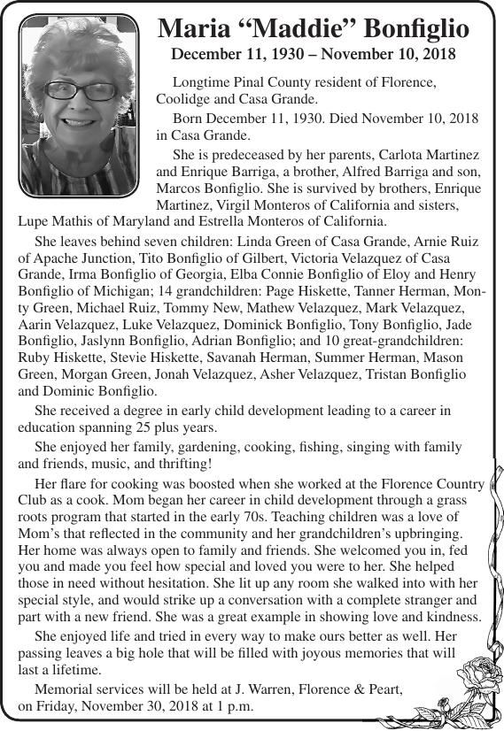 Maria “Maddie” Bonfiglio | Obituaries | pinalcentral.com