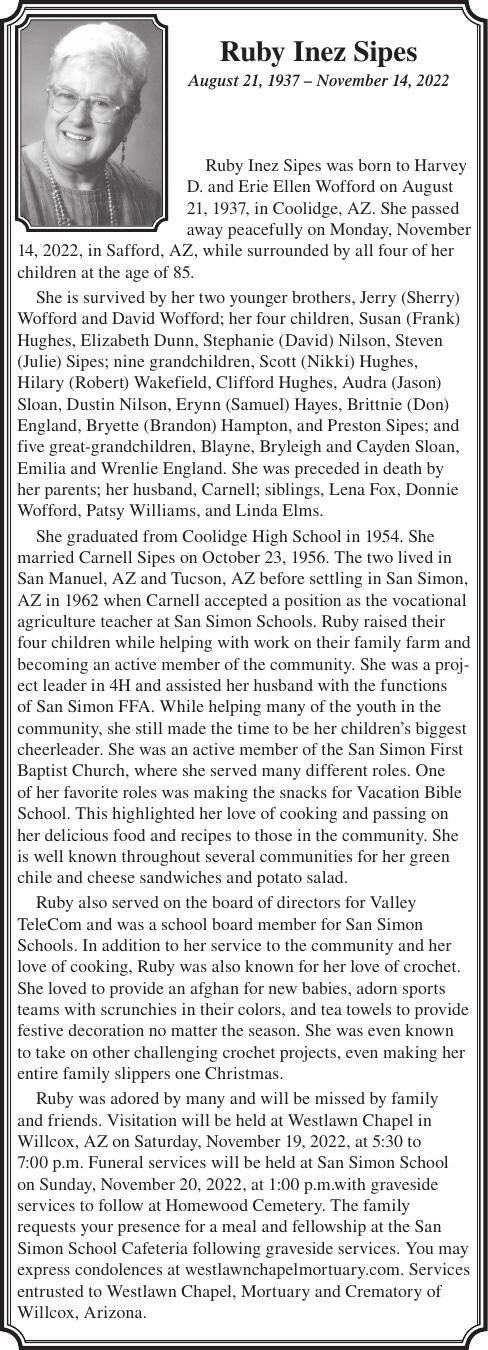 Ruby Inez Sipes | Obituaries | pinalcentral.com