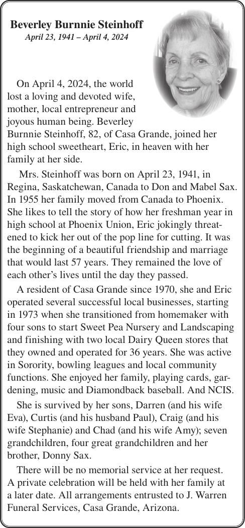 Beverley Burnnie Steinhoff | Obituaries | pinalcentral.com