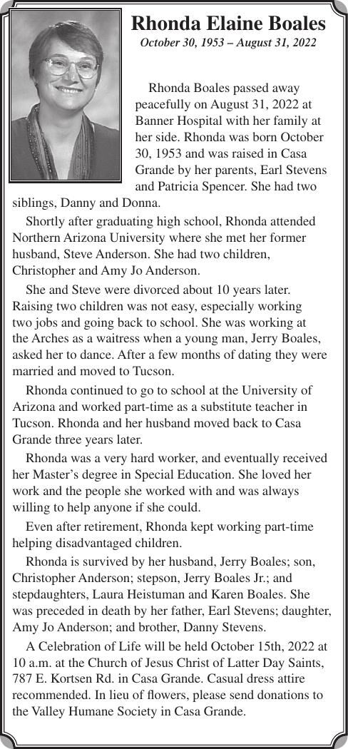 Rhonda Elaine Boales | Obituaries | pinalcentral.com