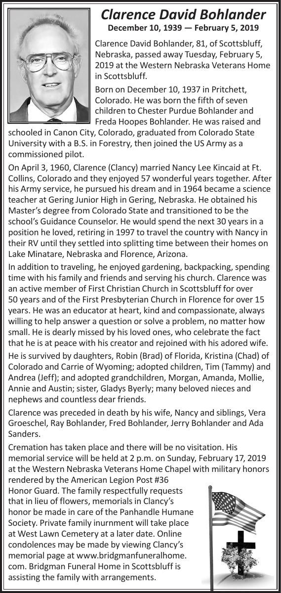 Clarence David Bohlander | Obituaries | pinalcentral.com