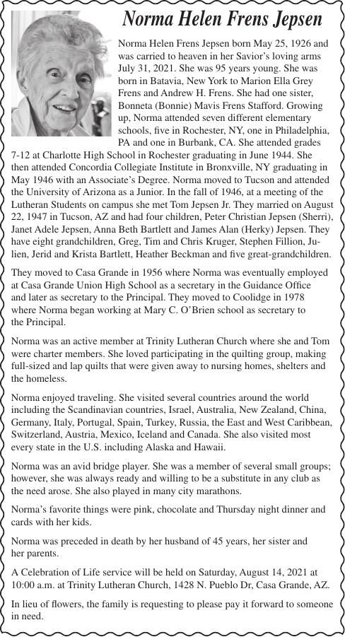 Norma Helen Frens Jepsen | Obituaries | pinalcentral.com