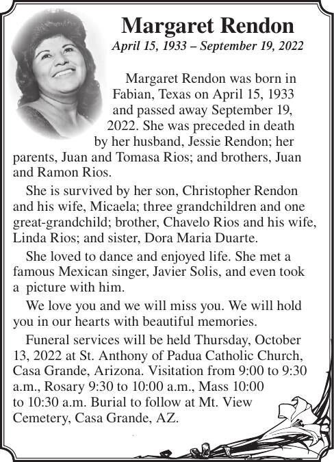 Margaret Rendon | Obituaries | pinalcentral.com