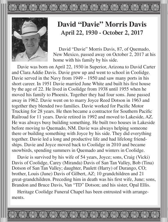 David “Davie” Morris Davis | Obituaries | pinalcentral.com