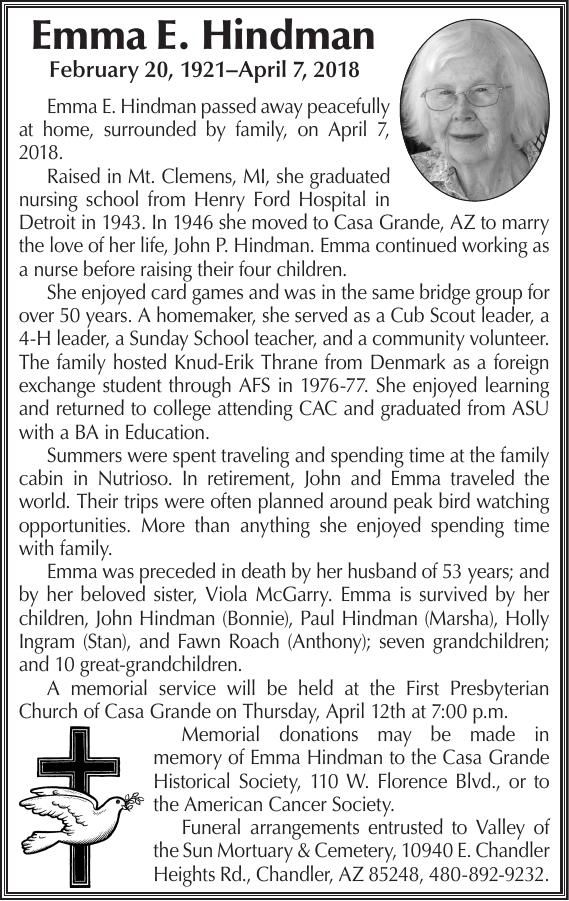 Emma E. Hindman | Obituaries | pinalcentral.com