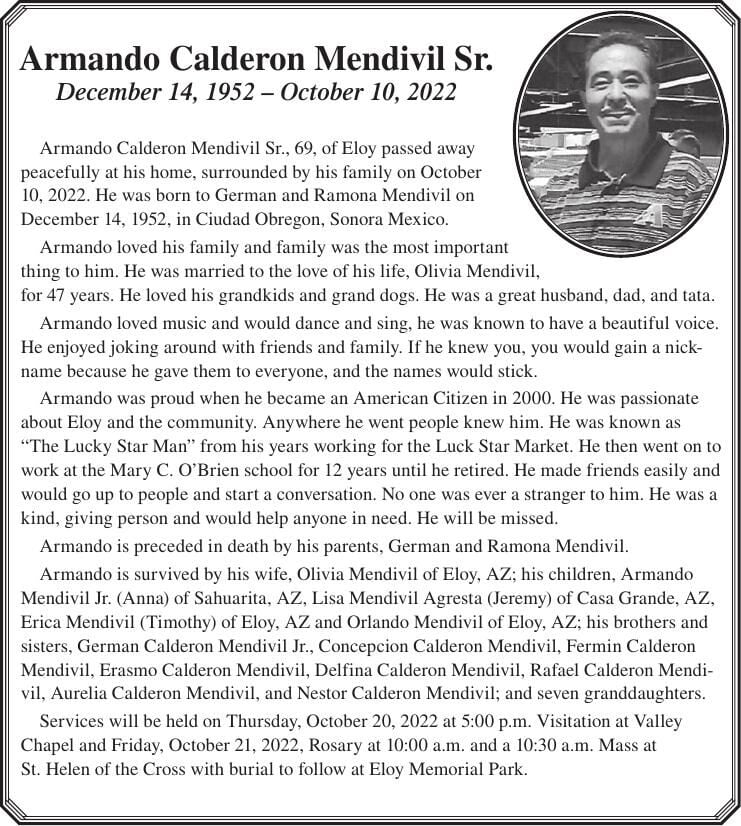Armando Calderon Mendivil Sr. | Obituaries | pinalcentral.com