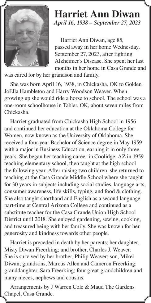 Harriet Ann Diwan | Obituaries | pinalcentral.com