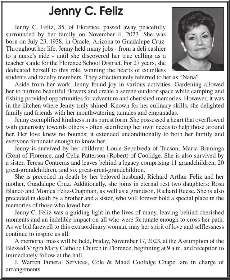 Jenny C. Feliz | Obituaries | pinalcentral.com