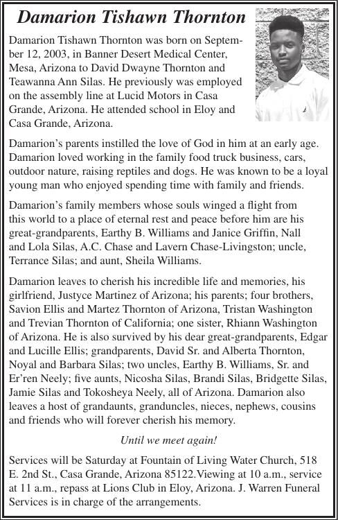 Damarion Tishawn Thornton | Obituaries | pinalcentral.com