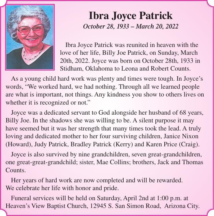 Ibra Joyce Patrick | Obituaries | pinalcentral.com
