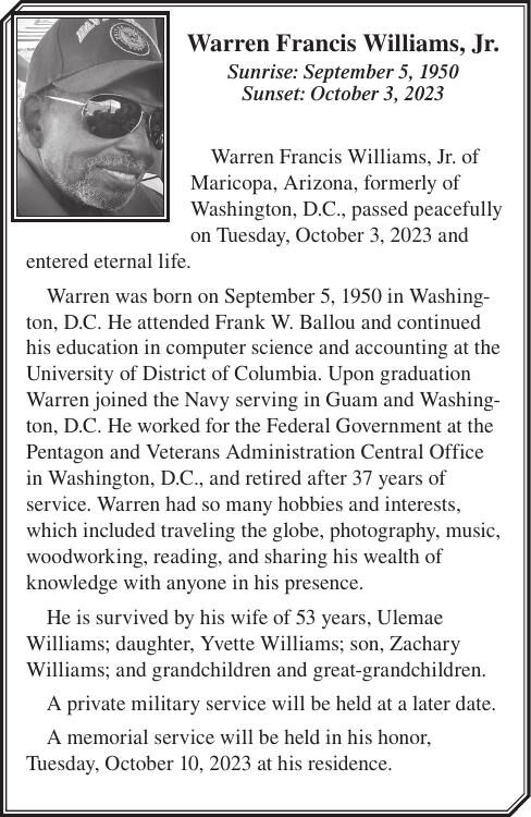 Warren Francis Williams, Jr. | Obituaries | pinalcentral.com