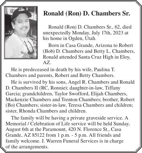Ronald (Ron) D. Chambers Sr. | Obituaries | pinalcentral.com