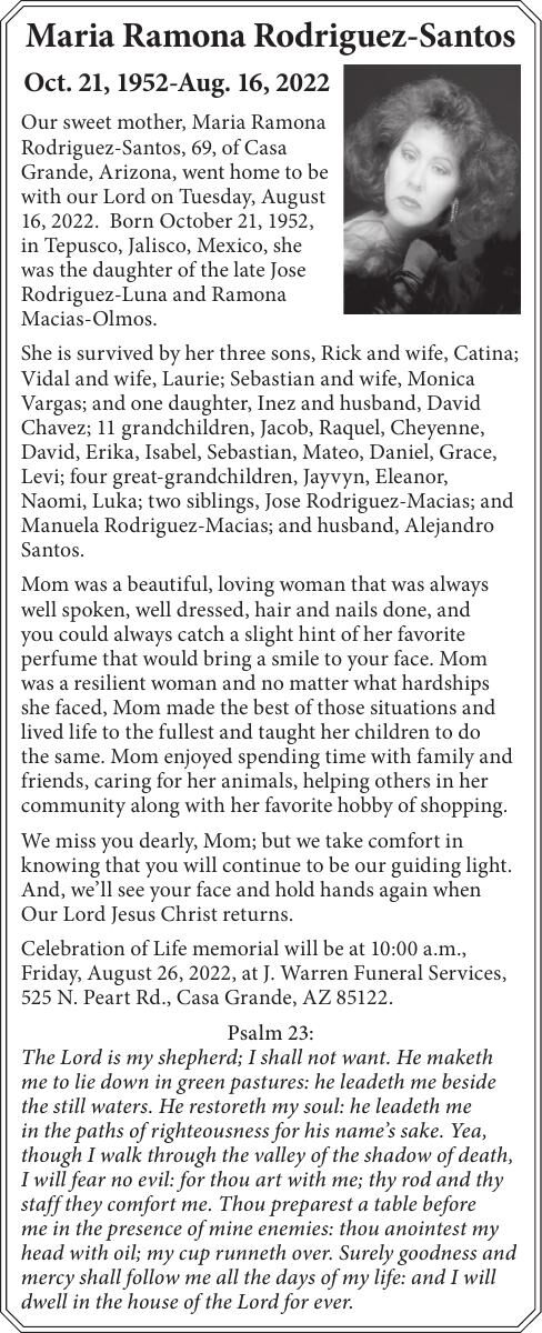 Maria Ramona Rodriguez-Santos | Obituaries | pinalcentral.com