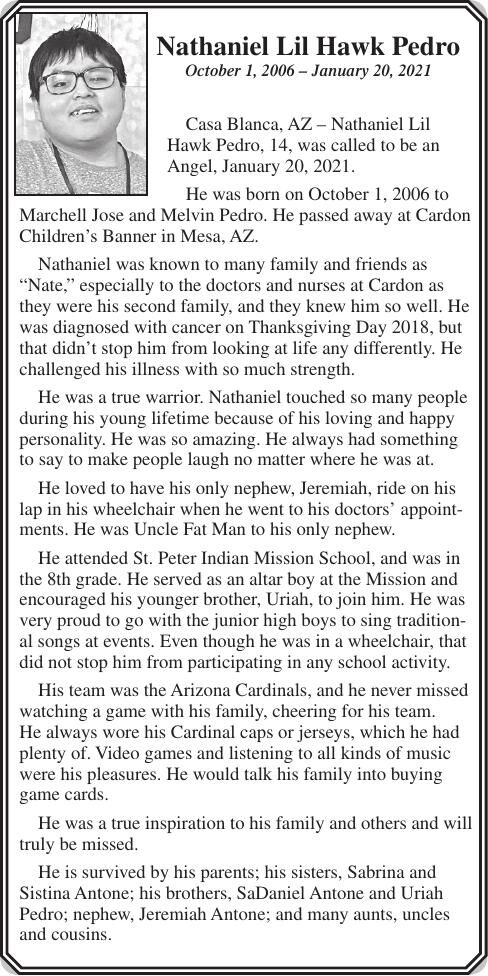 Nathaniel Lil Hawk Pedro | Obituaries | pinalcentral.com