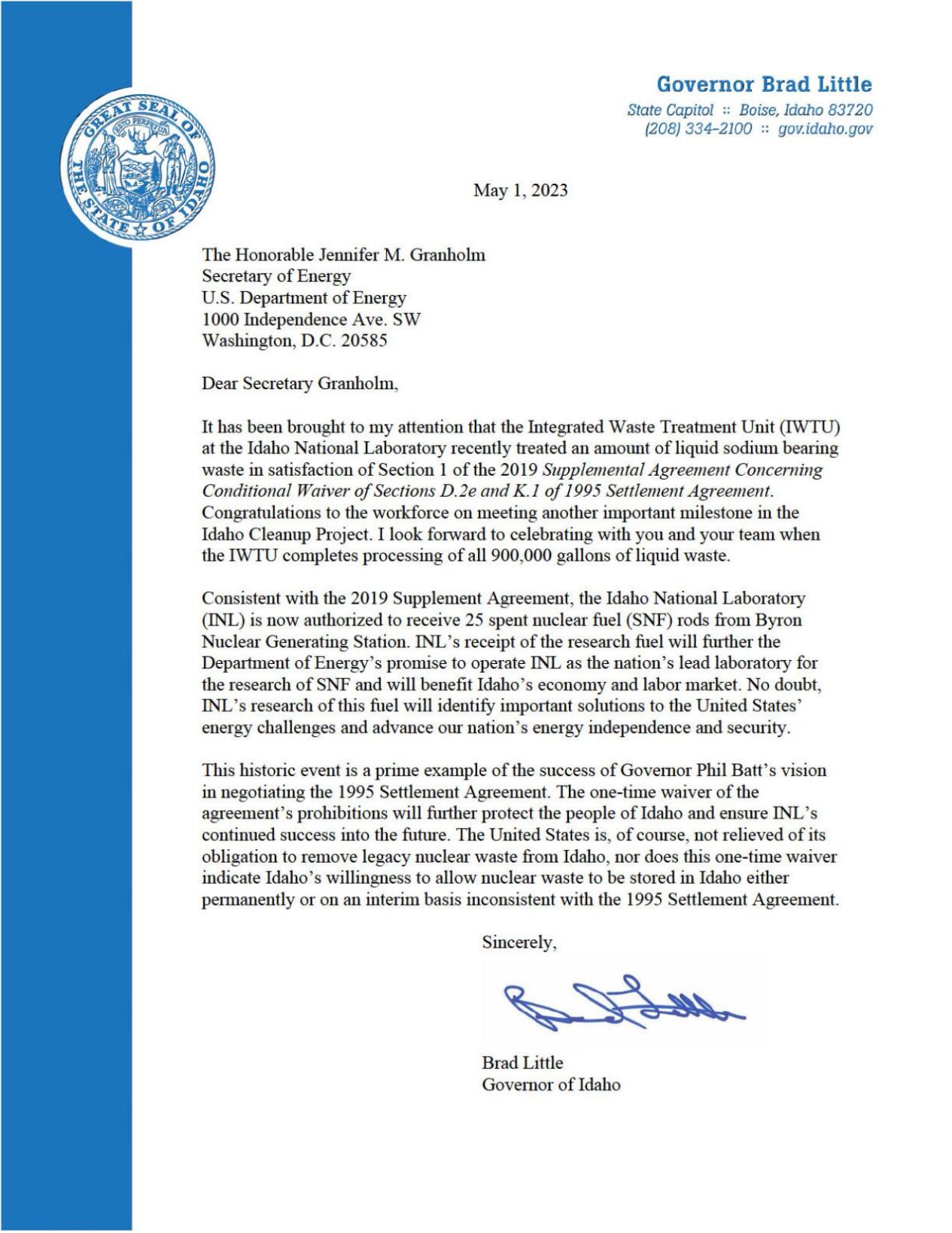 Little congratulates Idaho Cleanup Project in letter to Secretary of ...