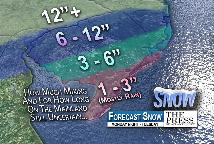 How much snow will fall Monday night and Tuesday?