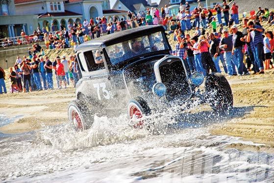 Old-time cars drag race on the beach in Wildwood
