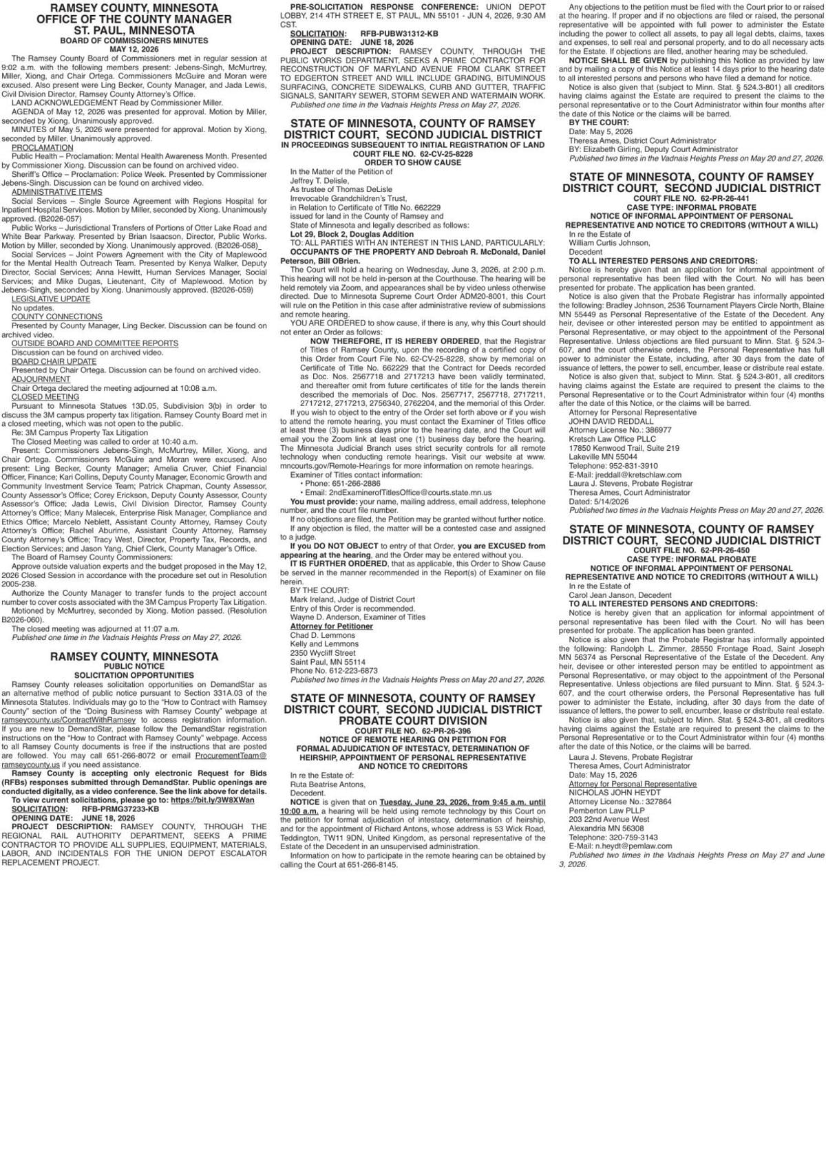 Legals VH 5-27-26 | Legal Notices | presspubs.com