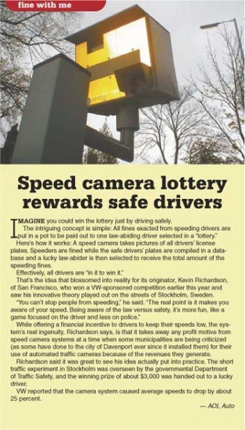 Speed camera lottery rewards safe drivers
