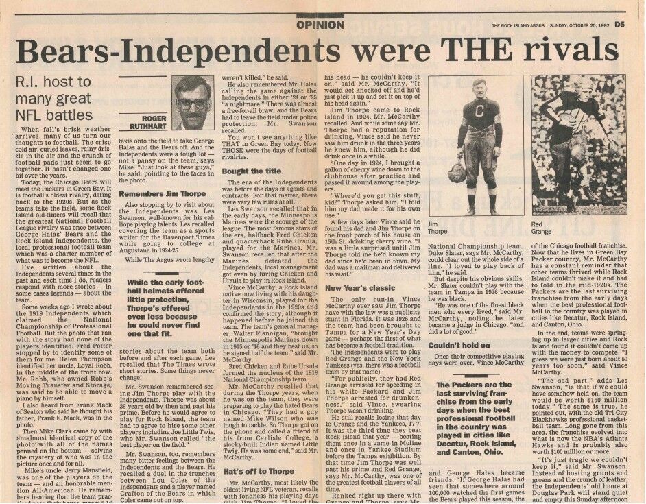 NFL has roots in Rock Island, with the Independents in 1920