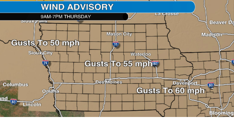 Wind advisory for all of Iowa Thursday