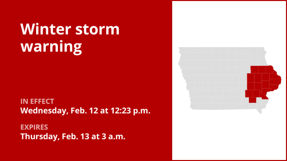 Update: Winter storm warning for Eastern Iowa until 3 a.m. Thursday