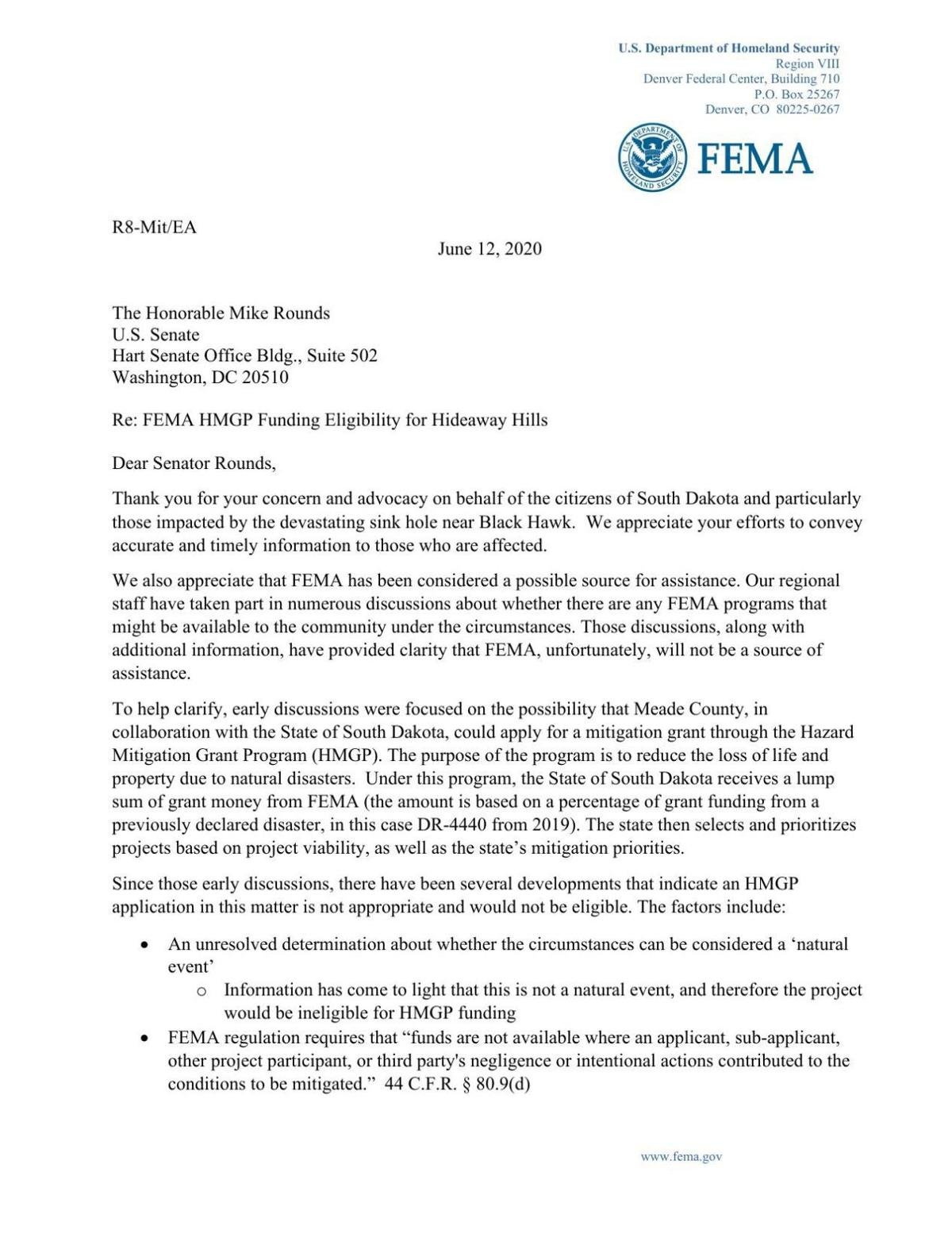 FEMA: Black Hawk families impacted by sinkhole not eligible for any grants