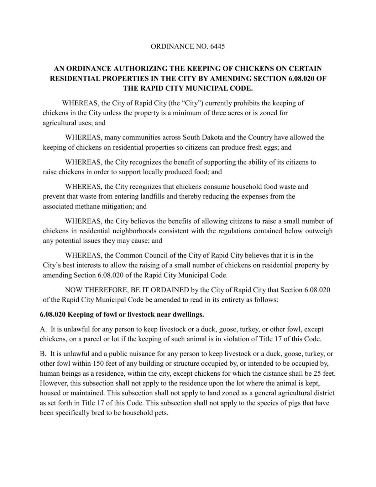 proposed ordinance would allow residents to own chickens