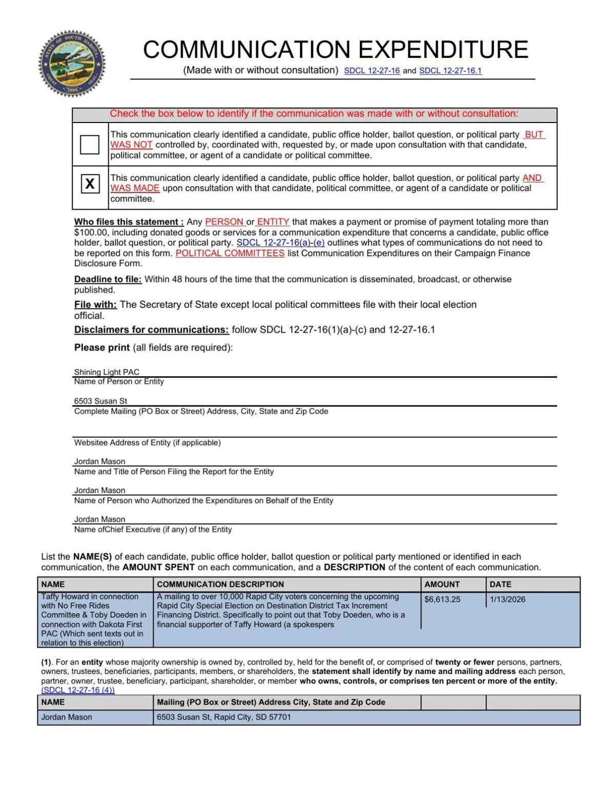 Shining Light PAC files financial disclosure in Rapid City