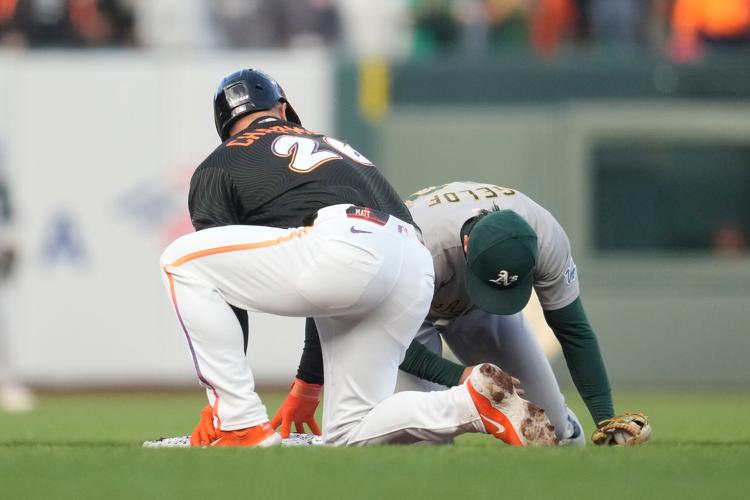 Athletics' Zack Gelof loses hit streak at 24 games after getting spiked ...