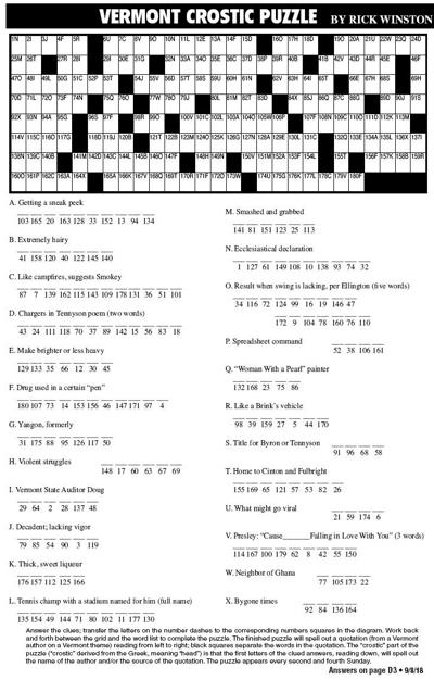 VERMONT CROSTIC PUZZLE | Puzzles | rutlandherald.com