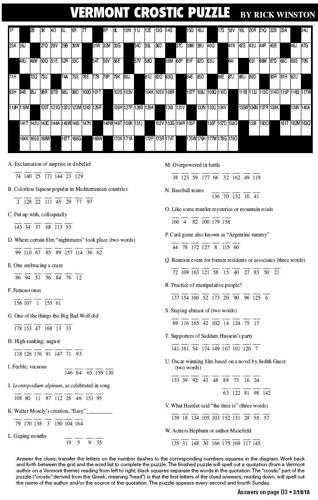 VERMONT CROSTIC PUZZLE | Puzzles | rutlandherald.com