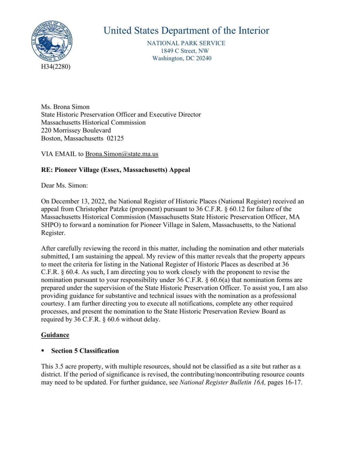 Keeper of National Register Letter to state preservation officer ...