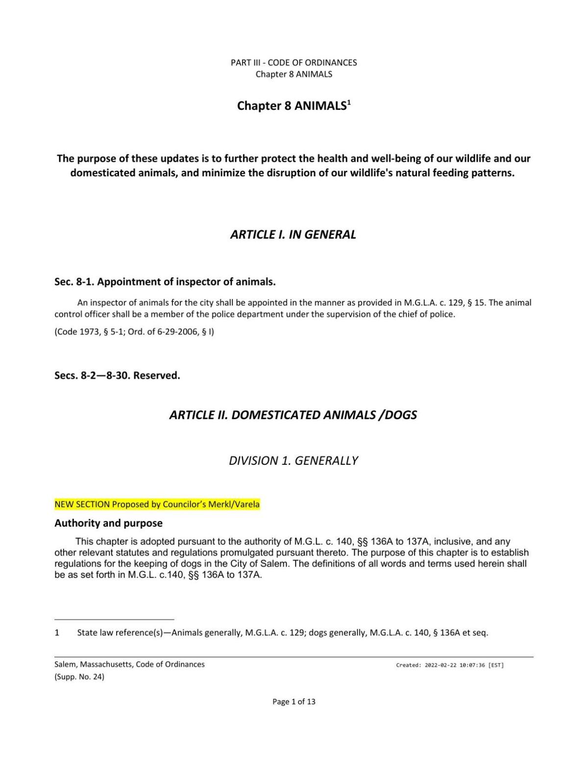 City Council proposal changing Animals ordinance | | salemnews.com