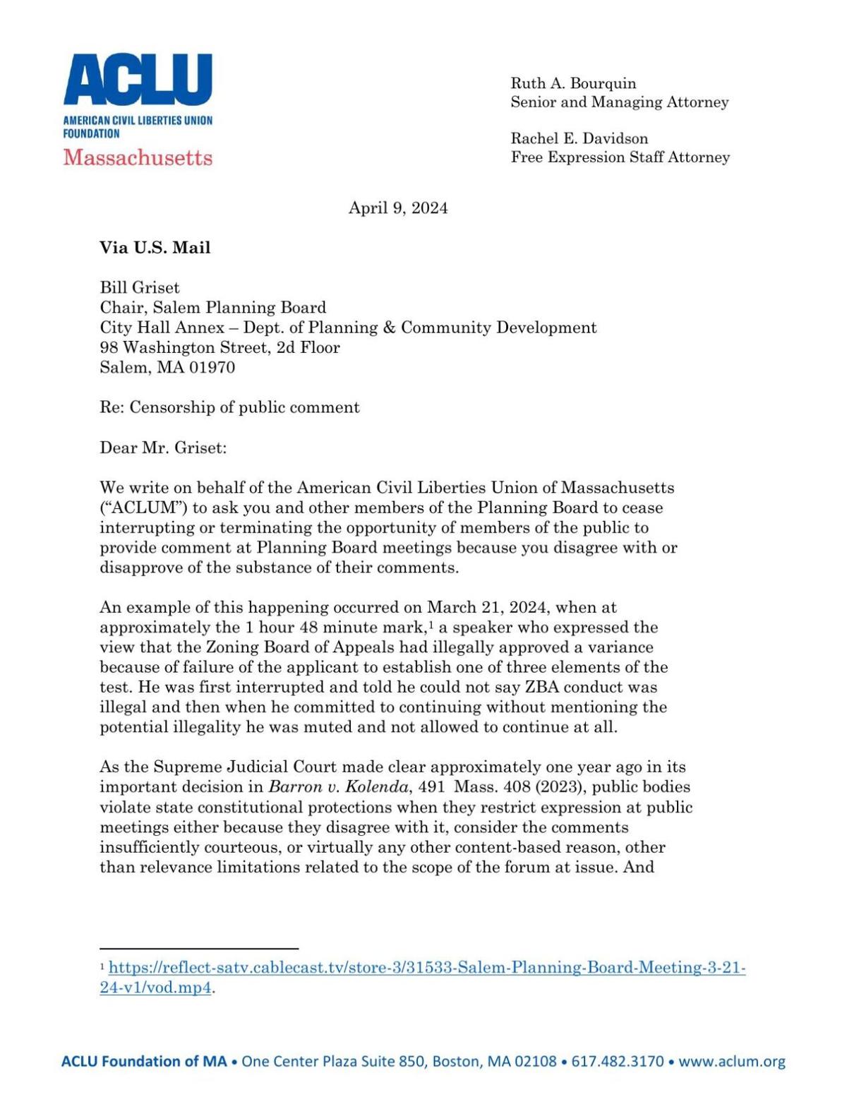 ACLU letter to Bill Griset, chair of Salem Planning Board | | salemnews.com