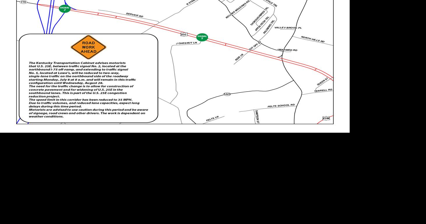 Lane reductions on U.S. 25E between Exit 29 off-ramp and Lowe's start ...
