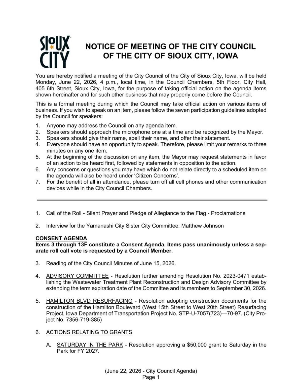 Here’s what’s on the Sioux City Council agenda for June 22, 2026