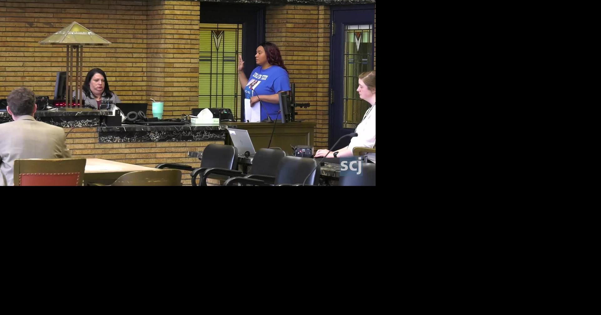 Jessica Goodman speaks in court during sentencing of Dwight Evans