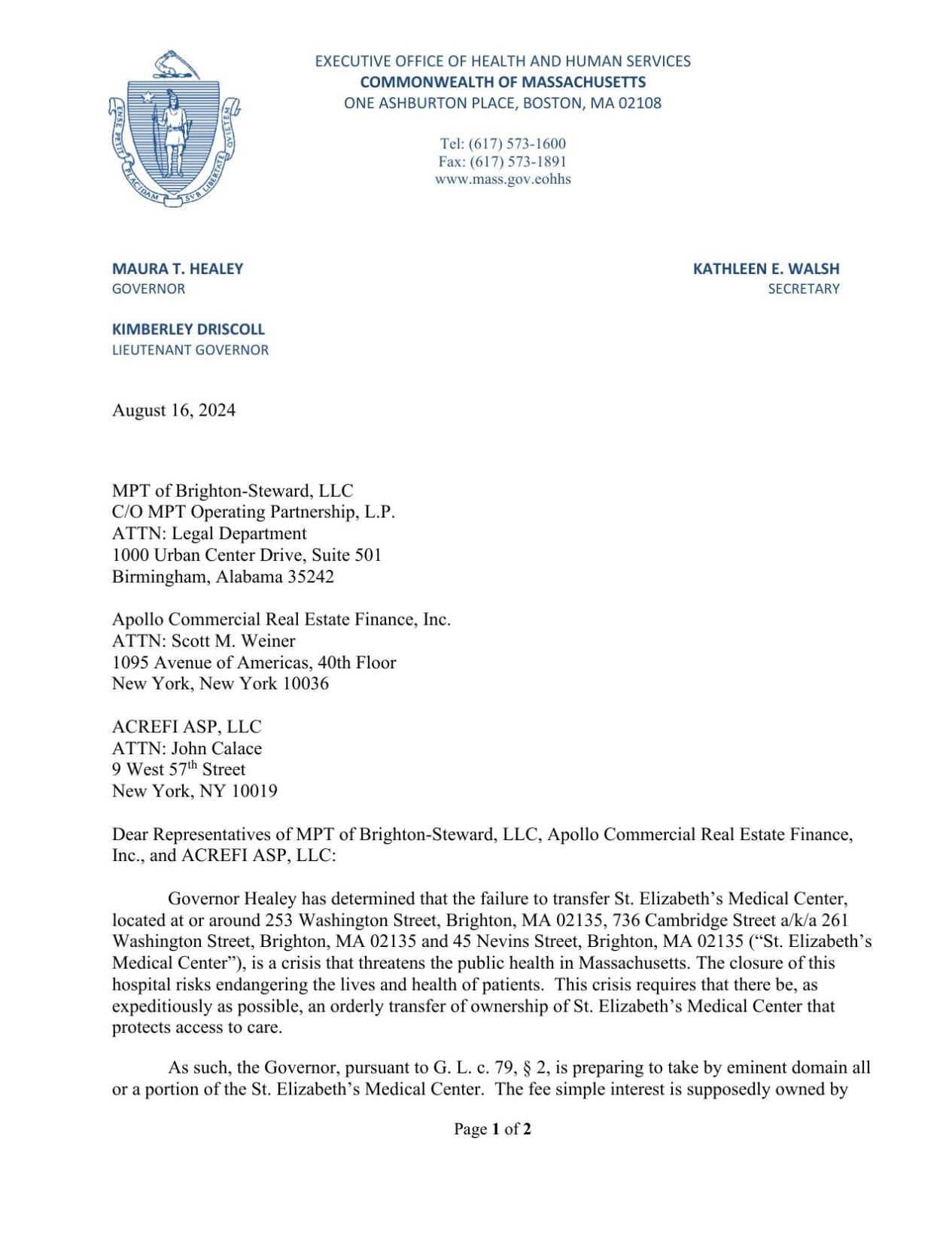 Offer Letter Starts Clock on St. Elizabeth's Eminent Domain Process ...