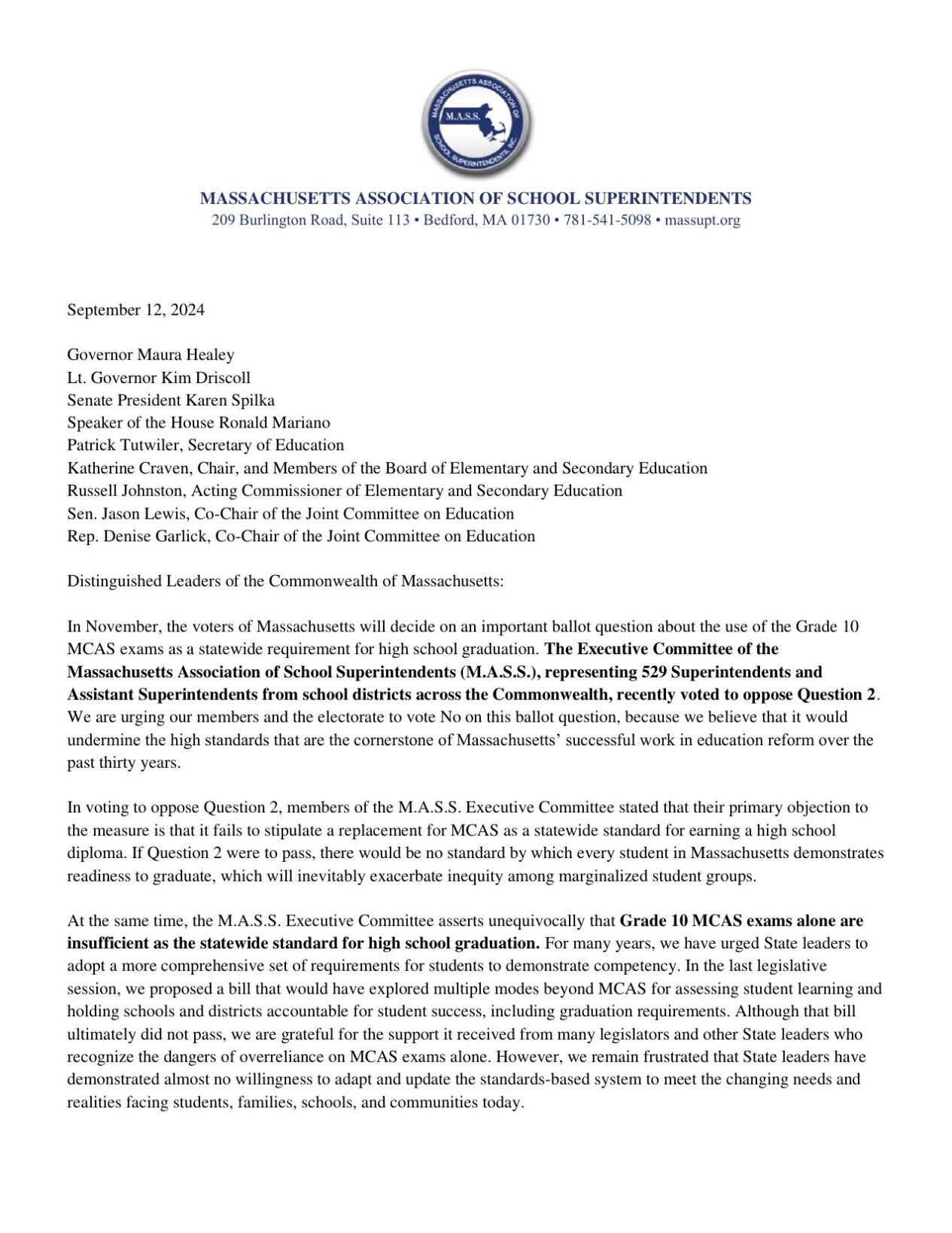 M.A.S.S. MCAS Letter | | statehousenews.com