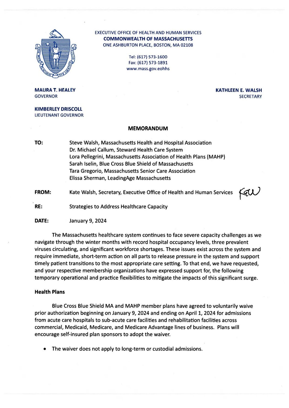 Secretary Walsh Capacity Memo | | statehousenews.com