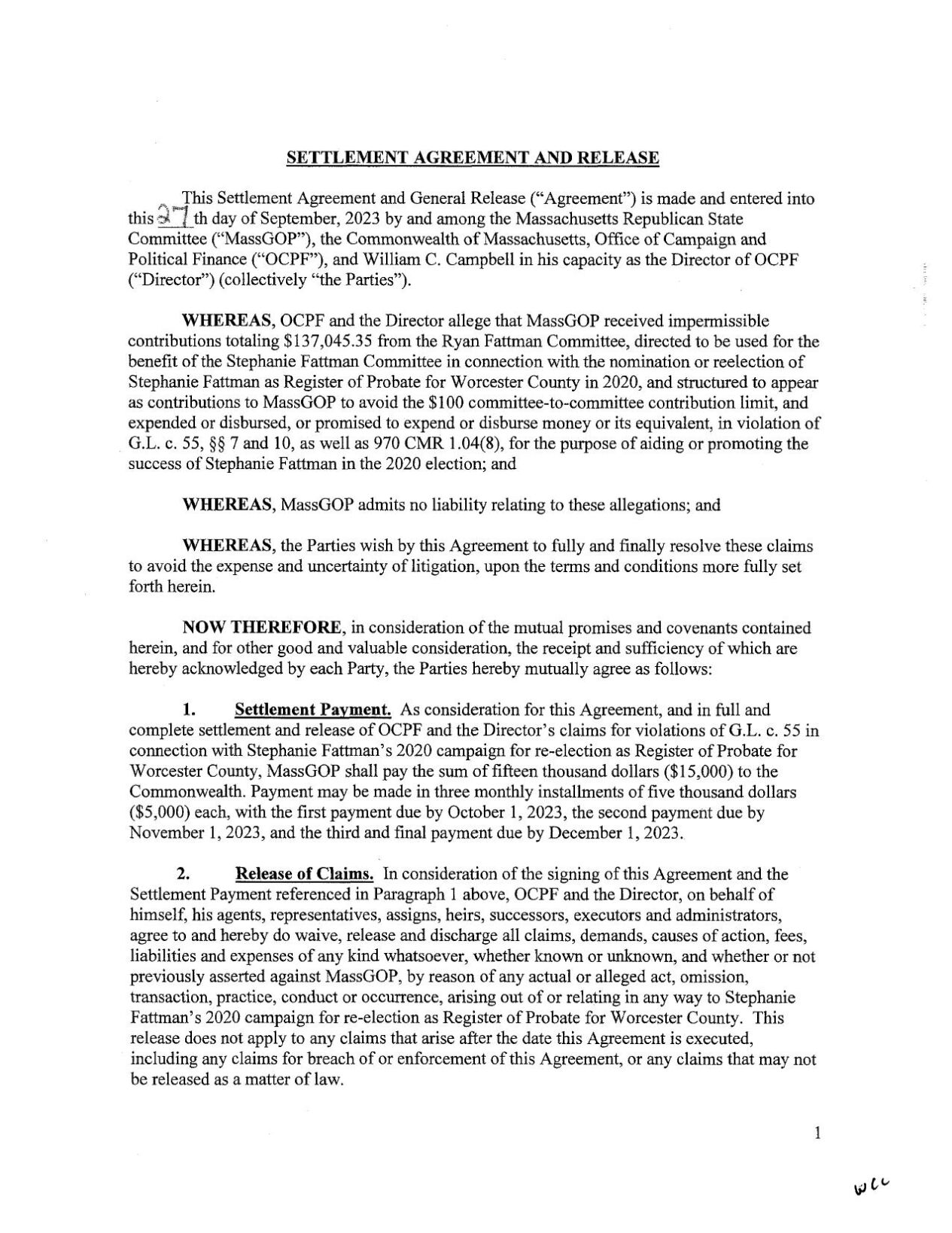 MassGOP "Impermissible Contributions" Settlement With OCPF ...