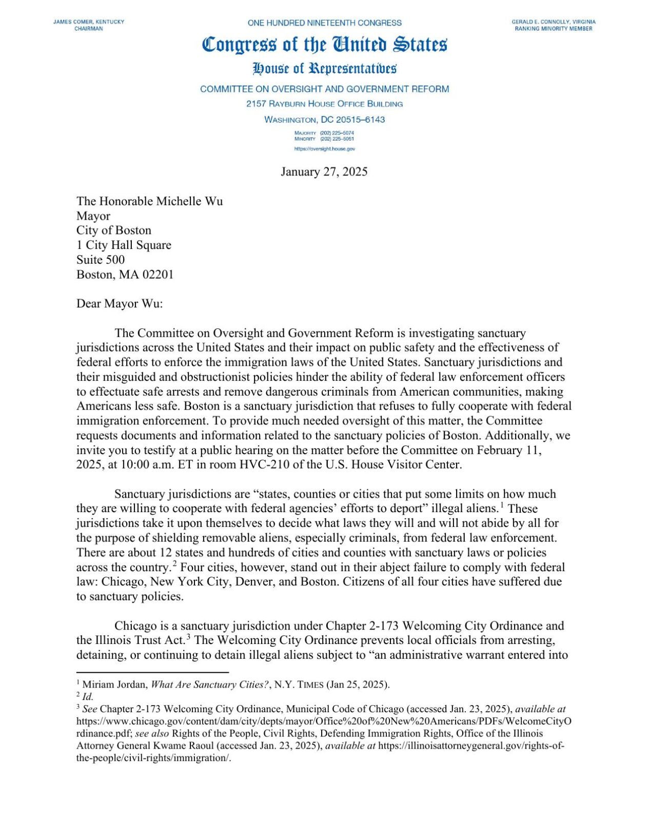 Chair Comer Letter To Mayor Wu | | statehousenews.com