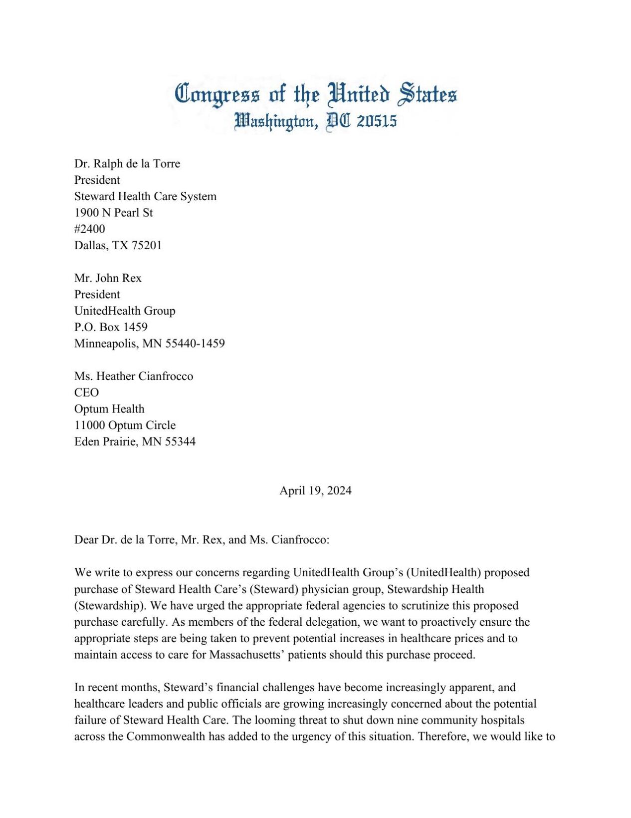 Trahan Delegation Letter Steward-Optum | | statehousenews.com