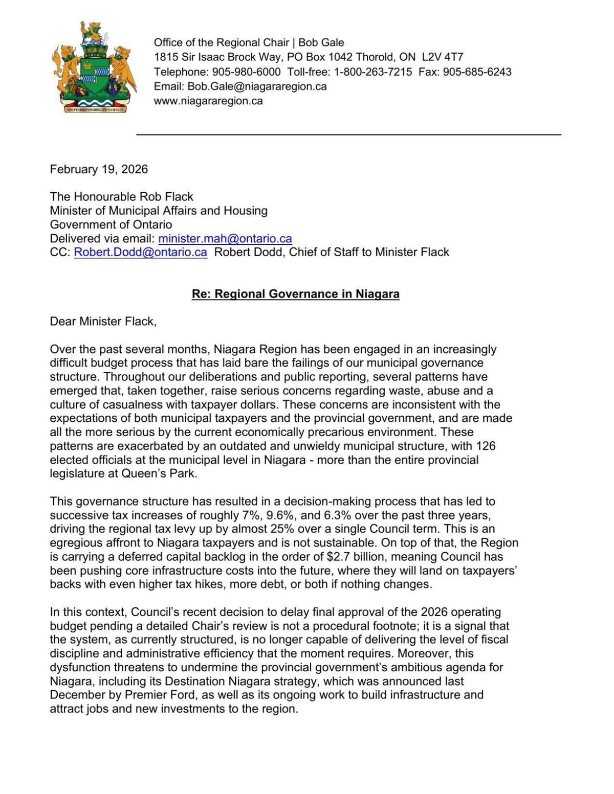 Niagara Region council hands Gale stinging rebuke