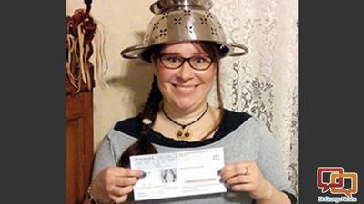 spaghetti colander on head