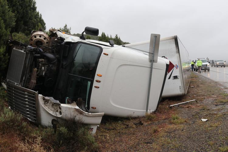 Semi strikes guardrail, tips over on shoulder of southbound I-15 ...