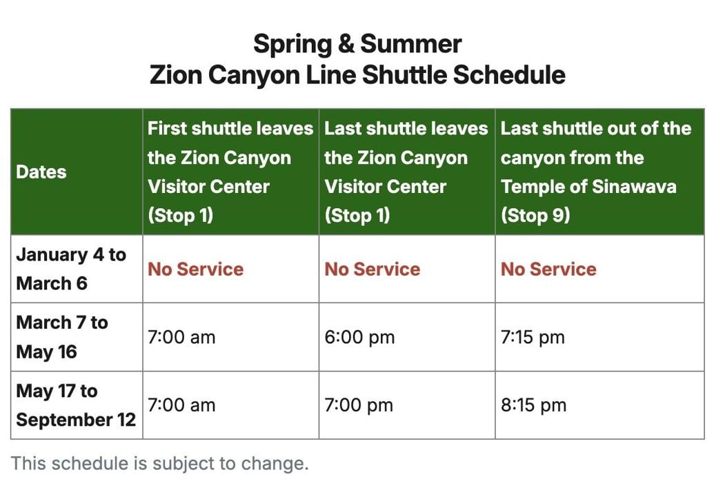 Zion National Park buses gear up as spring/summer 2026 shuttle schedule ...