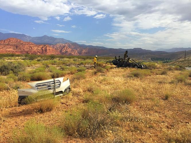 Car rolls, bursts into flames after SUV forces it off I-15 | Local News ...