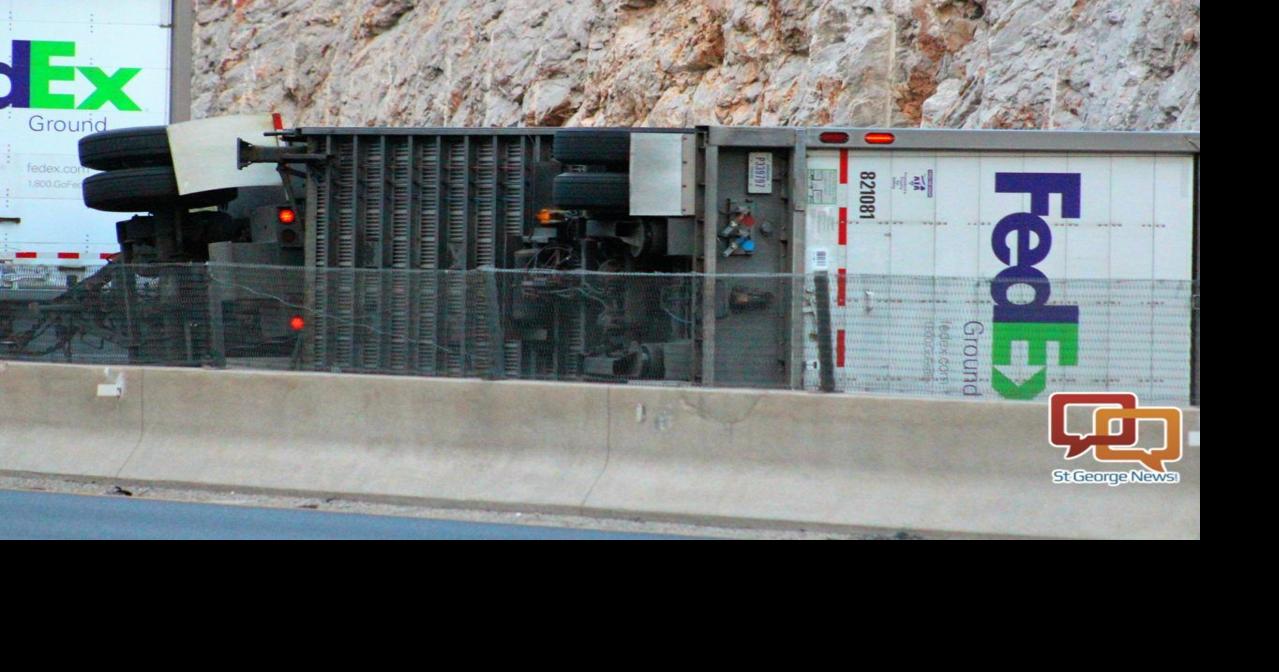 Wind whips 3rd trailer of FedEx semi-tractor on its side; NB I-15 in ...